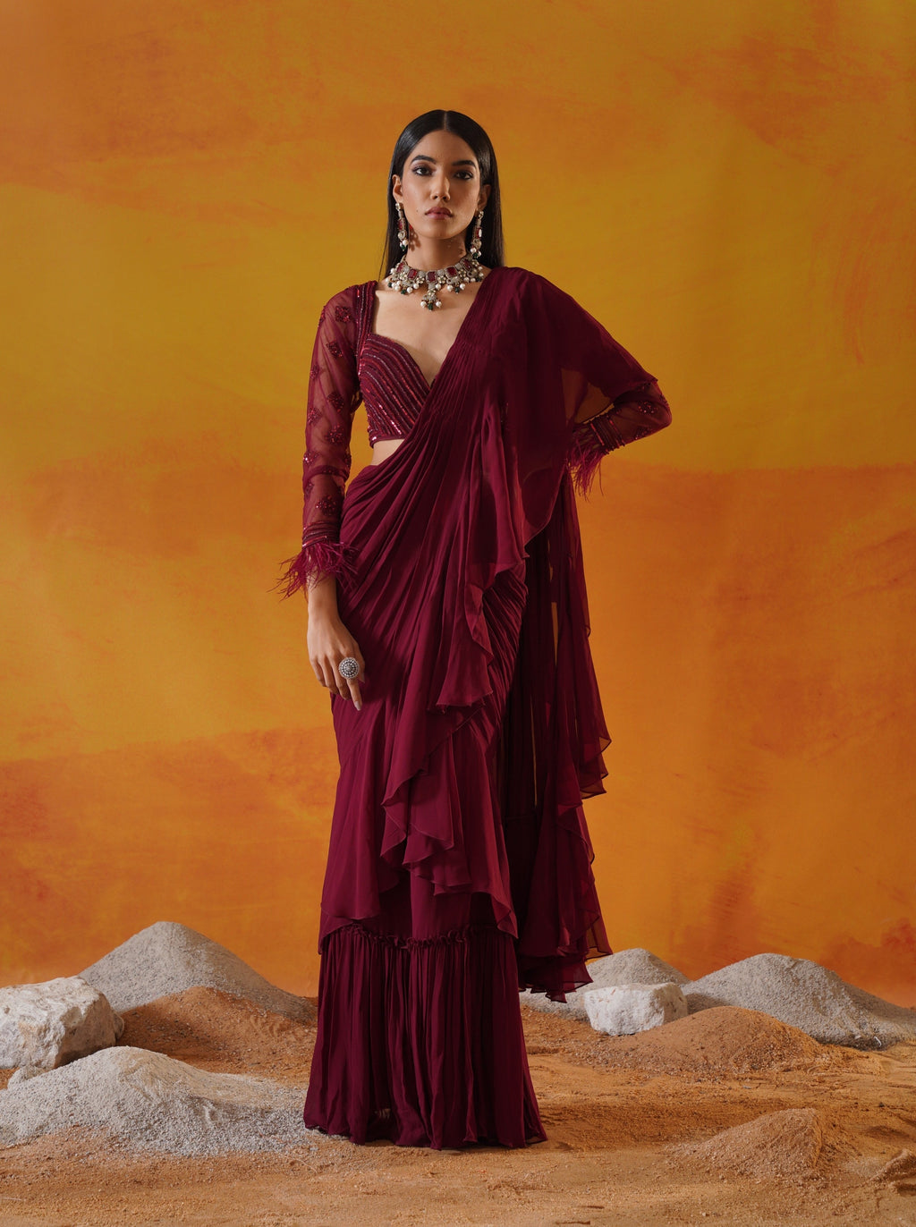 Maroon Drape Saree Set – Kapda Dori
