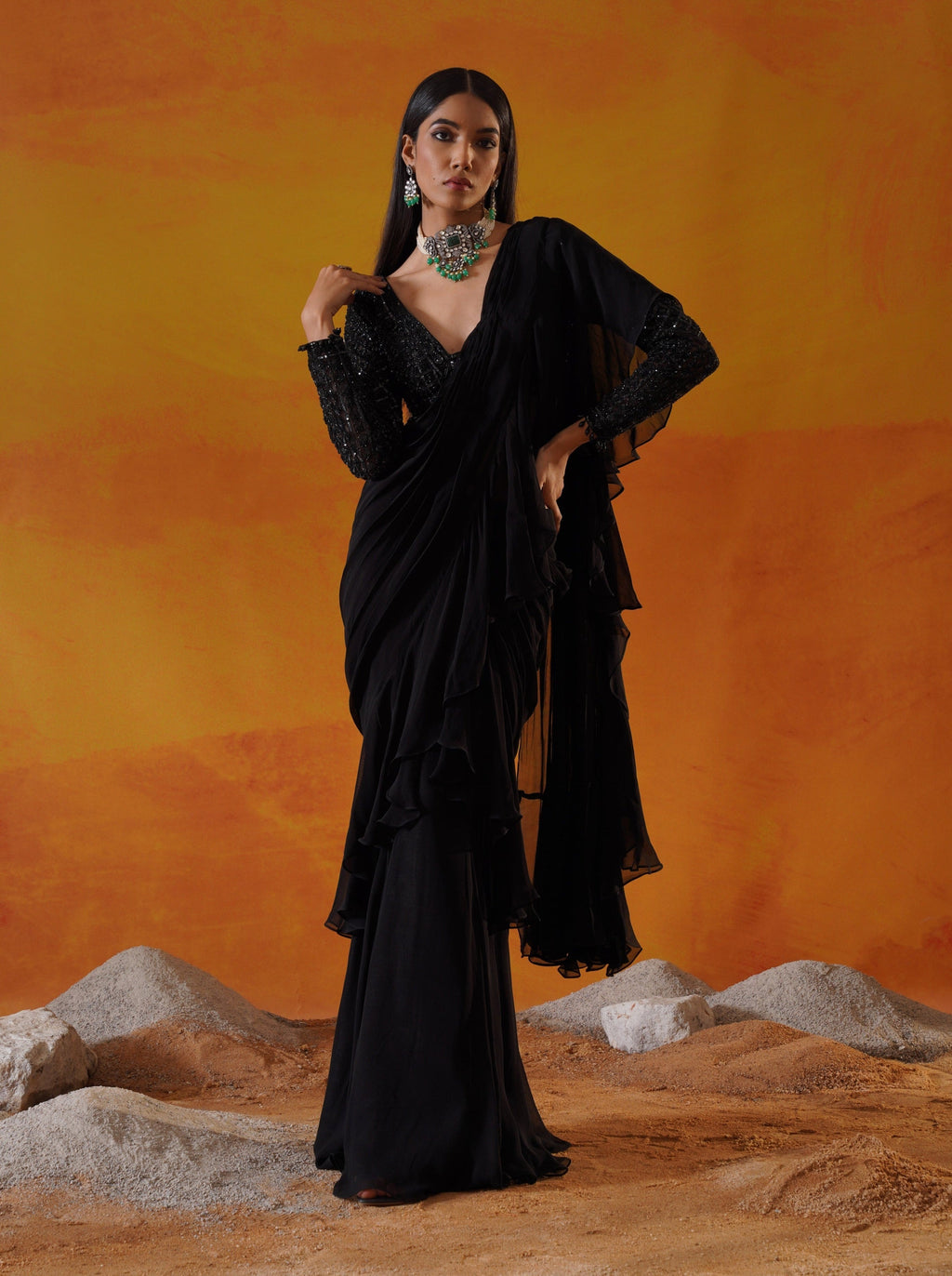 Black Drape Saree Set – Kapda Dori