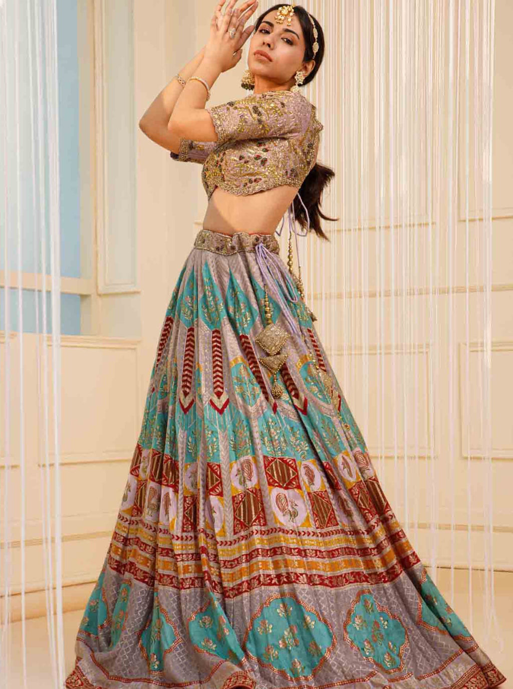 Light Grey Multi Colour Brocade Lehenga Set – Kapda Dori