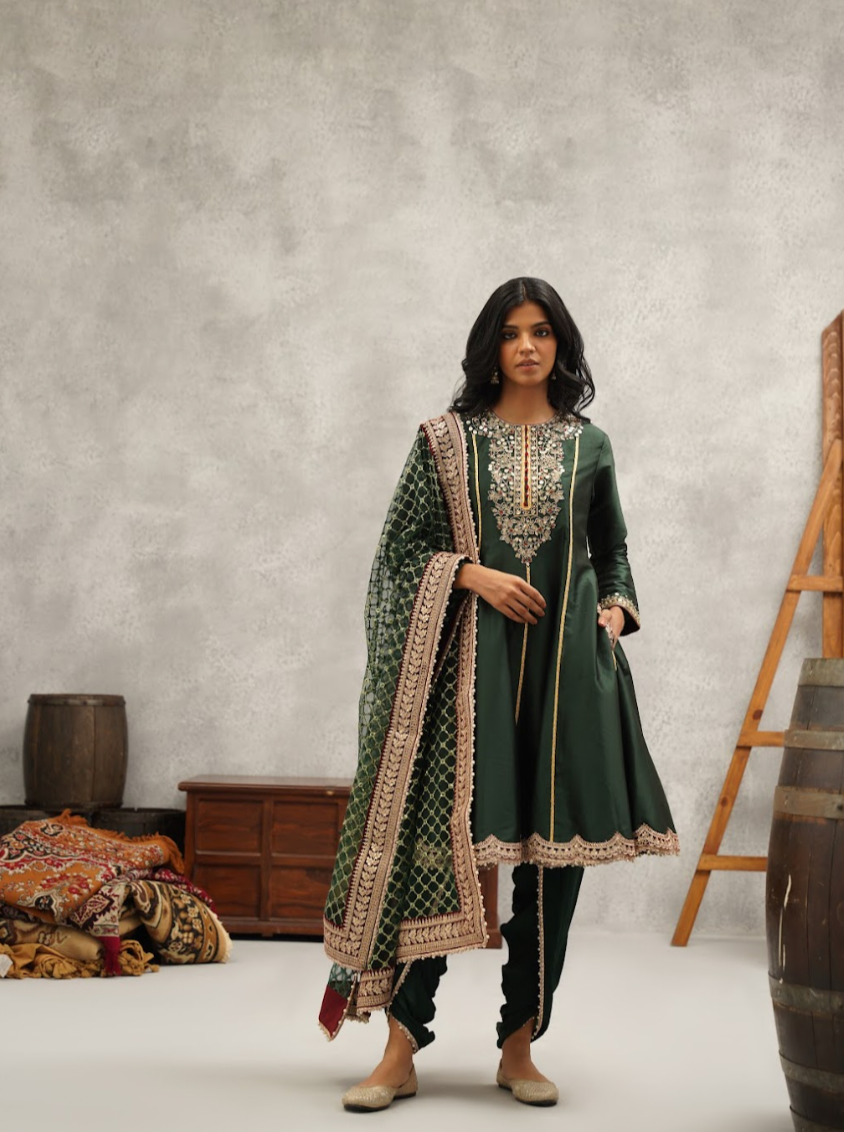 Bottle Green Anarkali and Dhoti Set – Kapda Dori