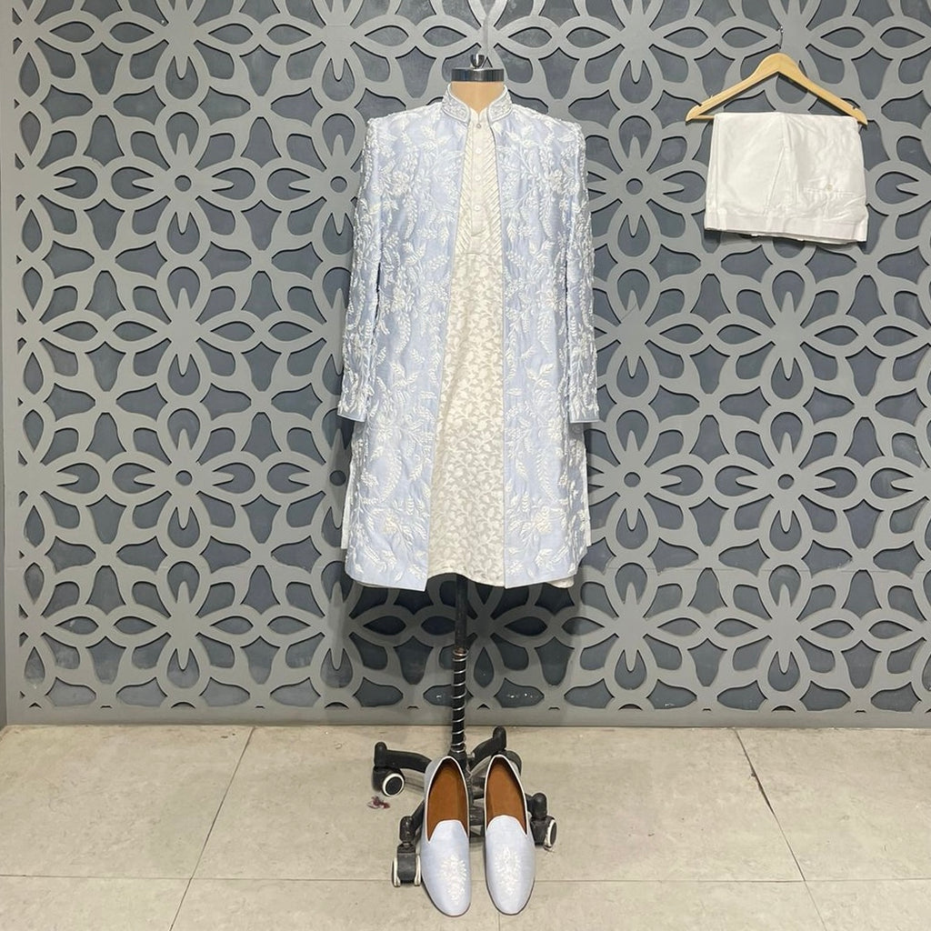 Powder blue sherwani set – Kapda Dori